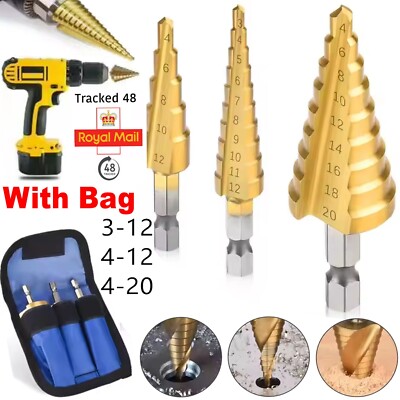 Step Drill Bit Set Cone Hole Cutter 3Pcs Set 4-20mm 3-12mm 4-12mm Steel ...