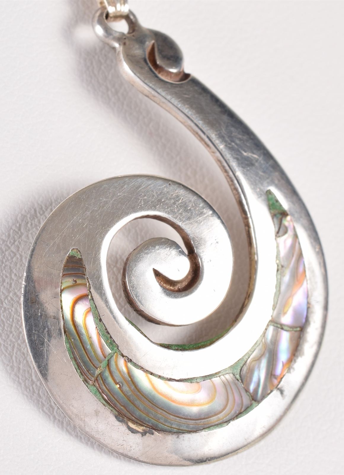 18" Vtg Sterling Silver 925 Spiral Coil Genuine Abalone Inlay Pendant ...
