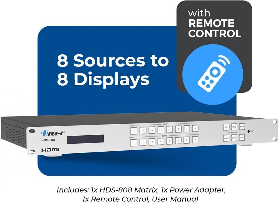 OREI HDS-808 8x8 HDMI 4K Matrix Switch 8-Input 8-Output Remote WebGui ...