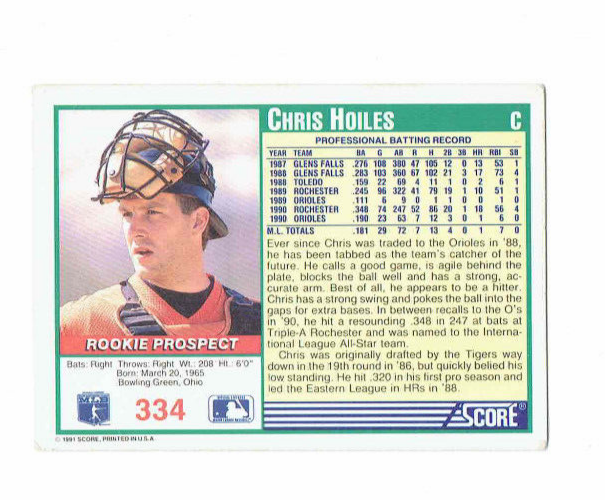 Chris Hoiles Baltimore Orioles Rookie ProsCatcher #334 Score 1991 # ...