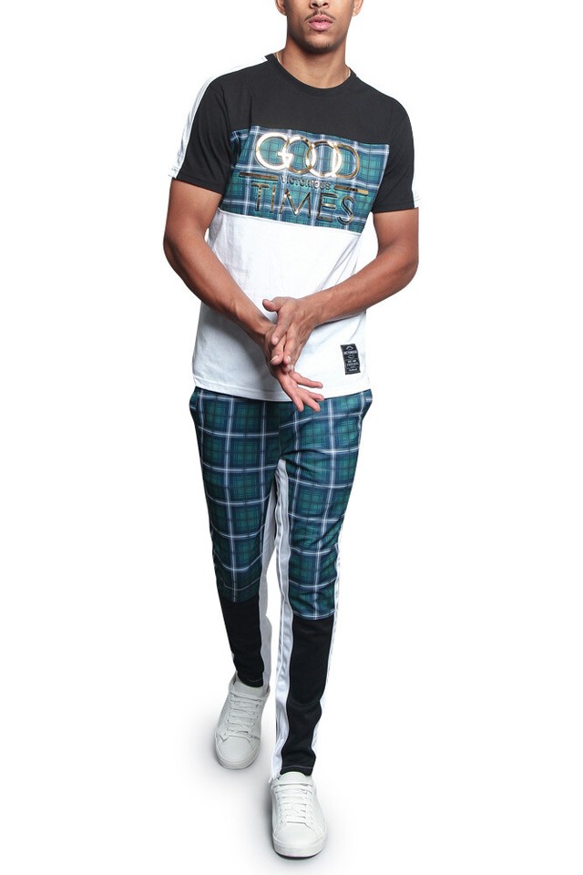 Victorious Men's Plaid Tracksuit 2 Piece Track Pants & T-Shirt Set ...