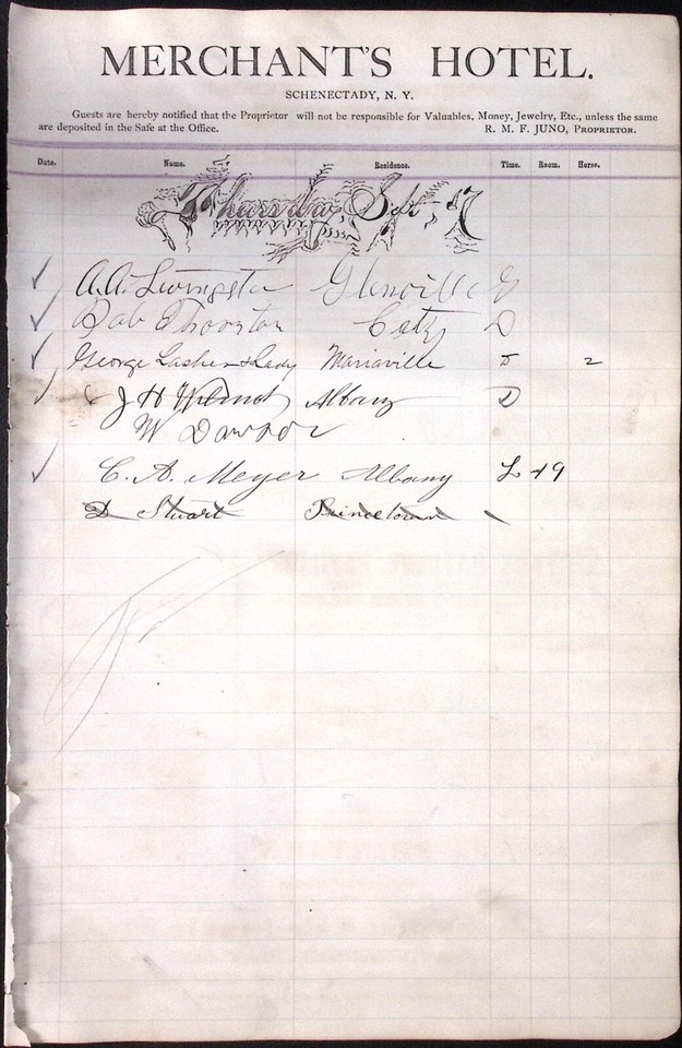 Sept 18 1885 Merchants Hotel Schenectady NY Hotel Ledger Guest Registry ...