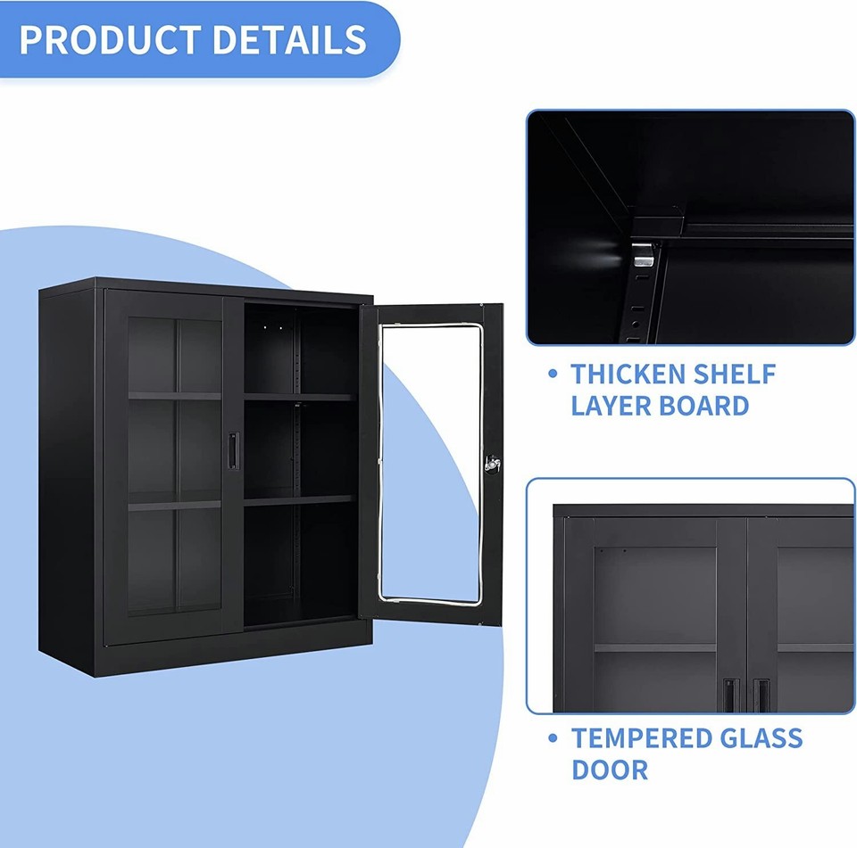 Metal Storage Cabinet with Lock Glass Doors 2 Adjustable Shelves for ...