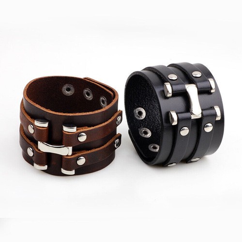 Men's Punk Rocker Biker Gothic Wide Leather Straps Retro Wristband Cuff ...