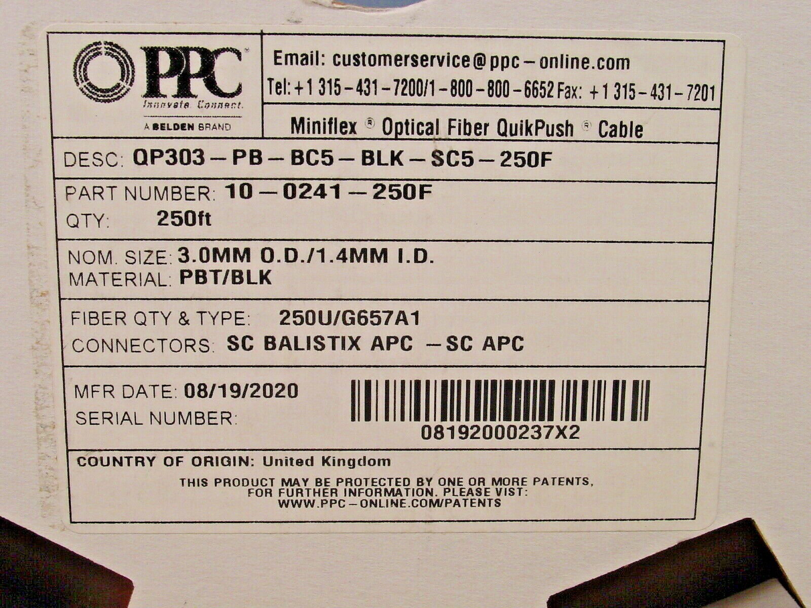 PPC Belden Miniflex 10-0241-250F 250' Miniflex Optical Fiber QuikPush Cable | eBay