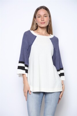 Ivory and Midnight Blue Raglan Sleeve Top Size Large Raw Edge | eBay