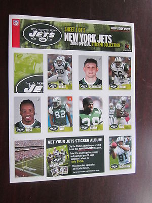 NY Jets 2004 Offical Sticker Collection NY Post 5 Sheets 50 Stickers ...