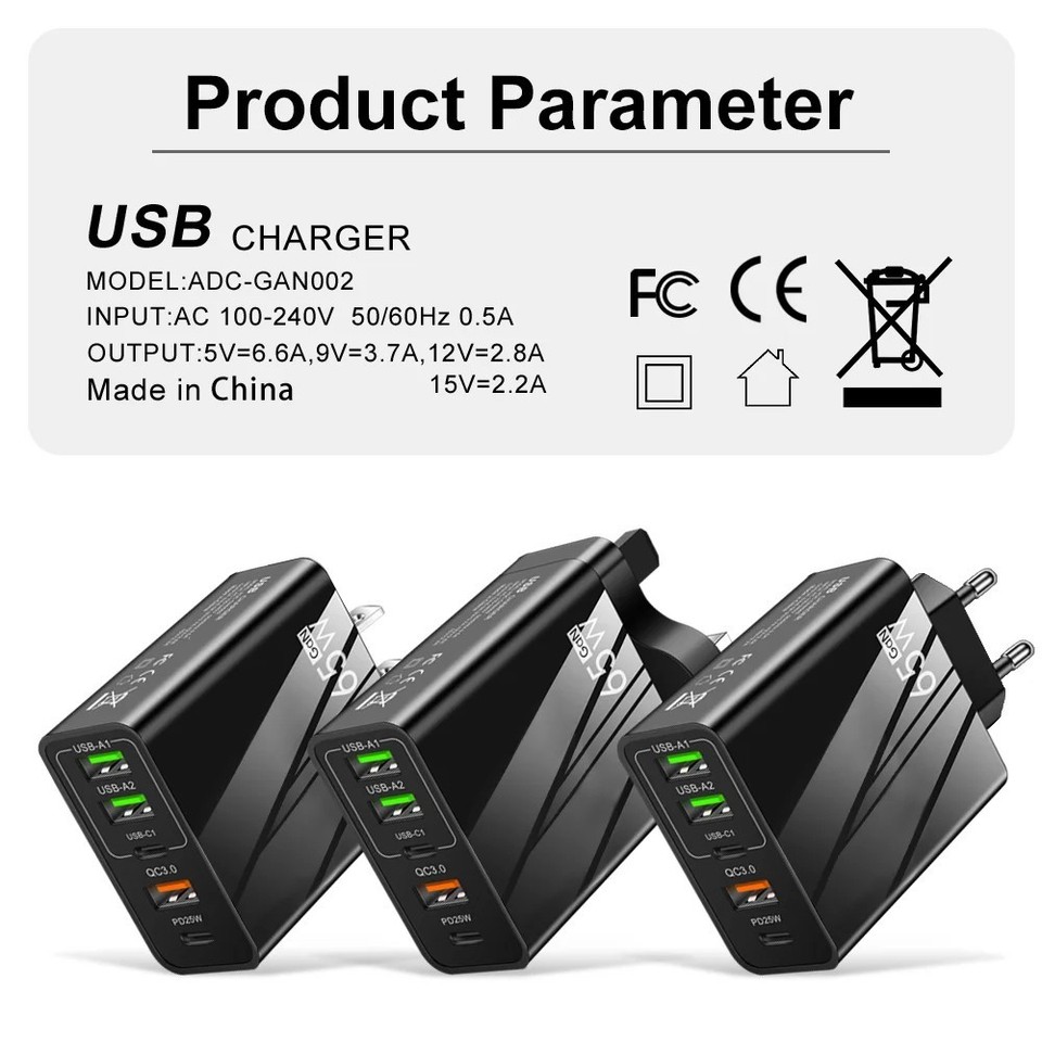 65W Quick Charger UK Plug Fast Wall Charger Power Adapter 5 Port USB-C ...