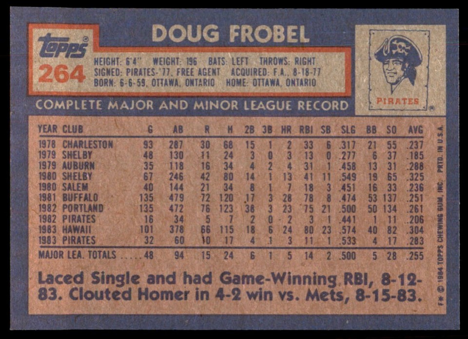 1984 Topps Cards Doug Frobel Rookie . Pittsburgh Pirates #264 | eBay