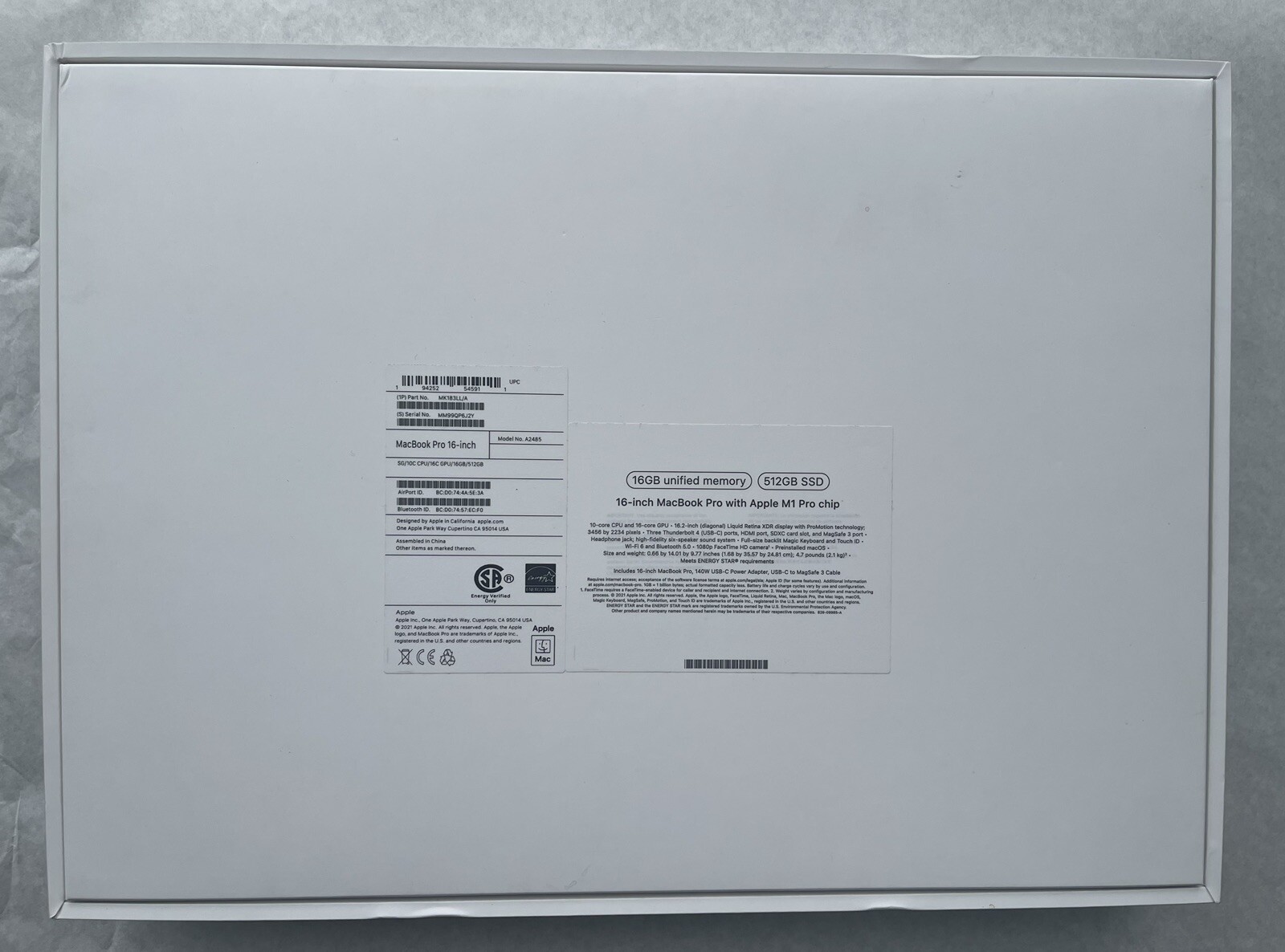 EMPTY BOX 2021 Apple 16" MacBook Pro with Apple M1 Pro chip 16GB 512GB ...