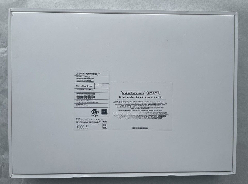 EMPTY BOX 2021 Apple 16" MacBook Pro with Apple M1 Pro chip 16GB 512GB ...