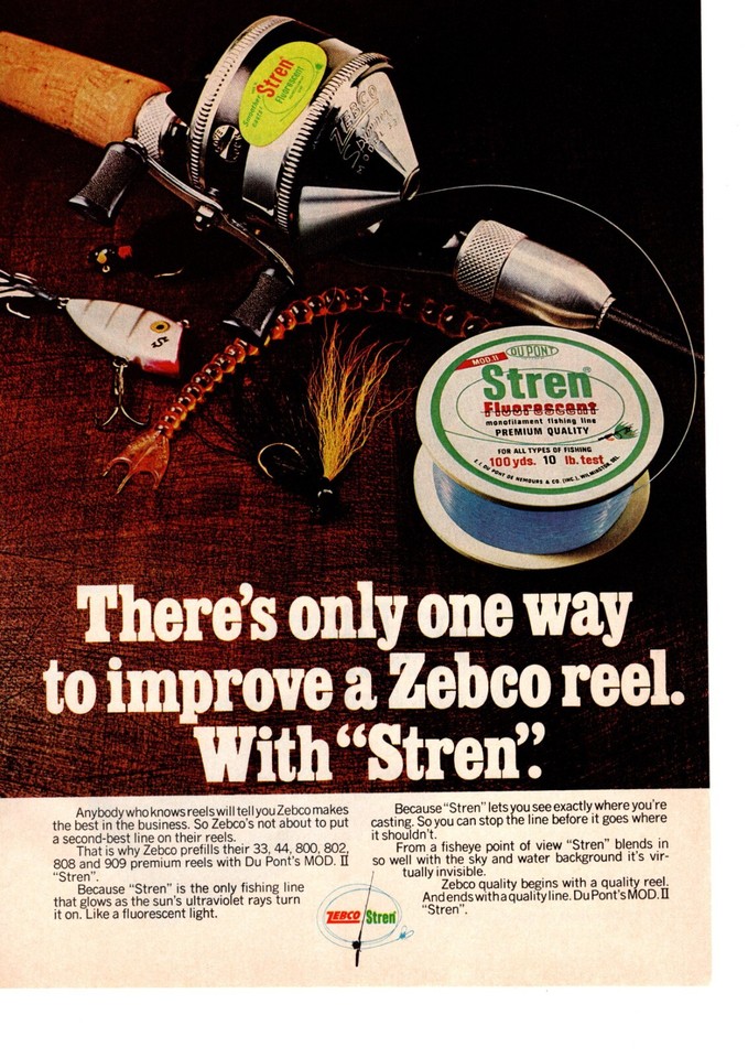 1972 ZEBCO AND STREN LINE FISHING PRINT AD, ZEBCO PREFILLS WITH DUPONT ...