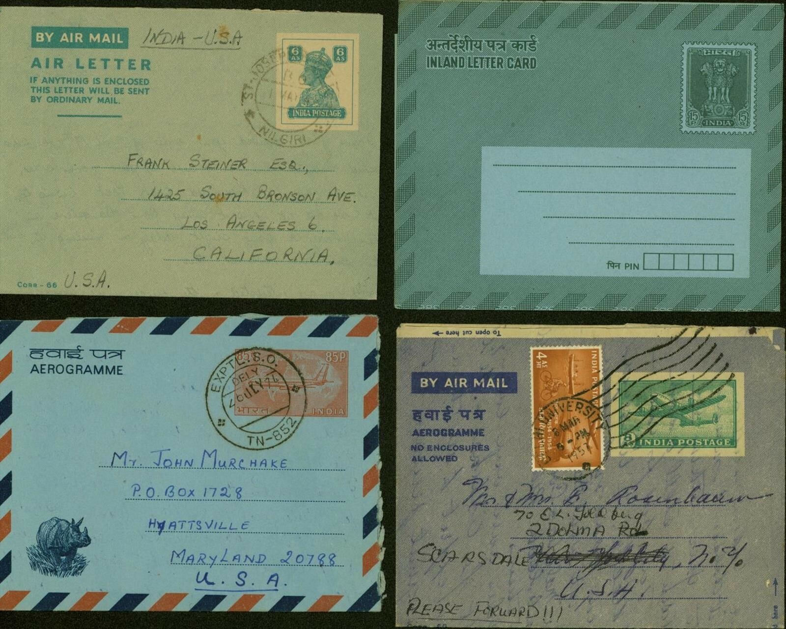 India - Aerogramme. Lot of 4 Air Letter to USA............(VG) MV-7489 ...