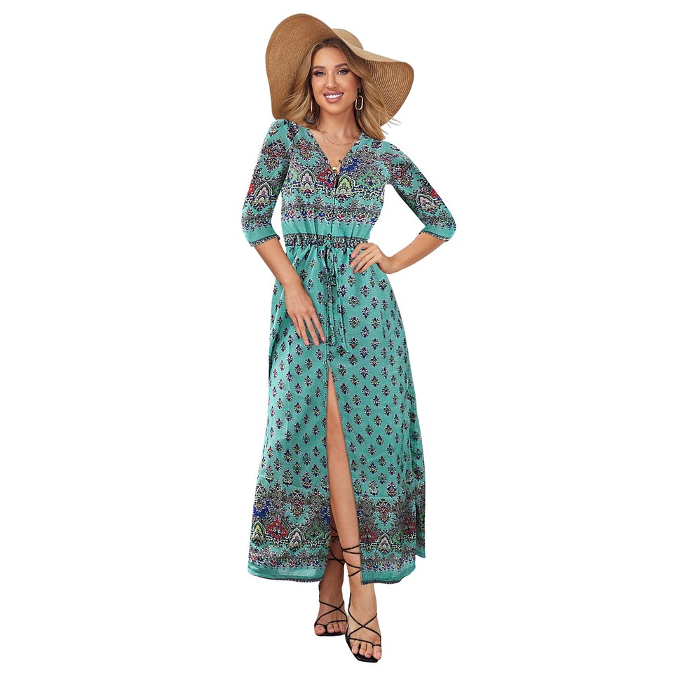 Women Lady Boho Kimono Sleeve Floral Long Maxi Summer Beach Dress ...