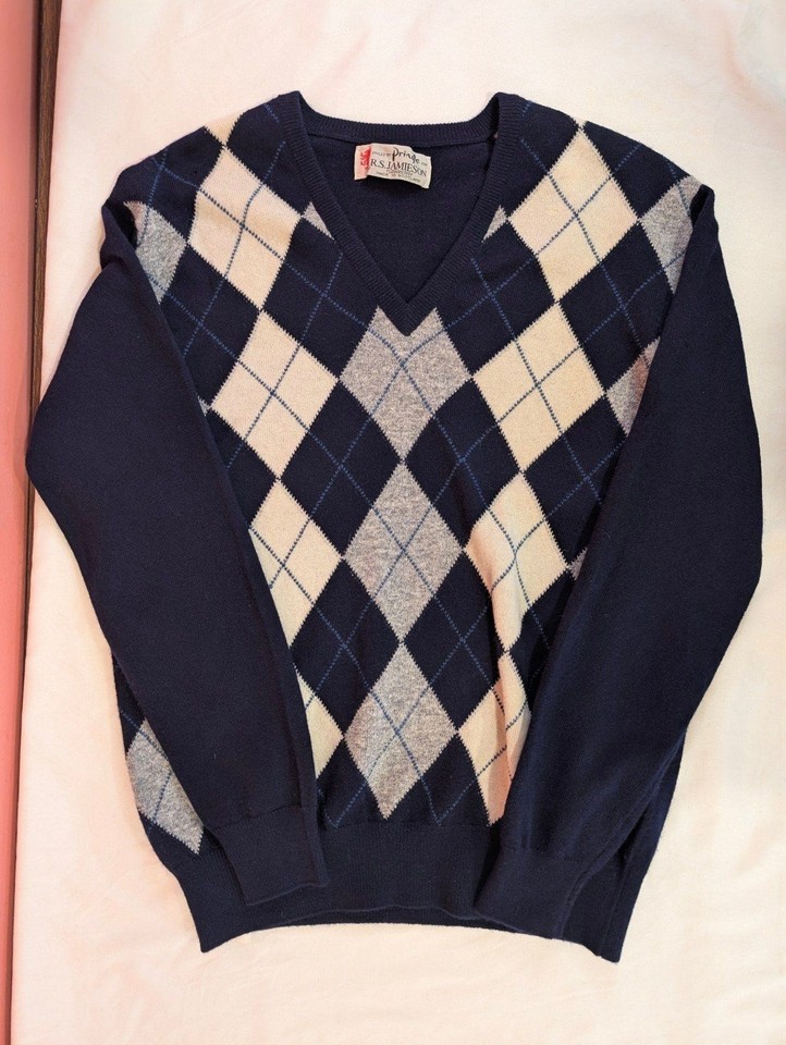 Women's Vintage Pringle of Scotland Argyle Sweater Pure Lambswool Navy ...