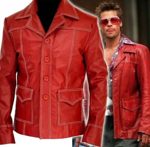 Brad Pitt Fight Club Tyler Durden Real Leather Jacket Red Color Coat ...
