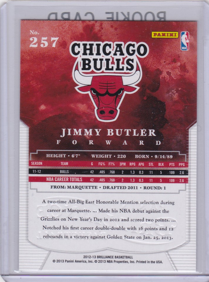 JIMMY BUTLER ROOKIE CARD Chicago Bulls 2012 Brilliance Basketball MIAMI ...