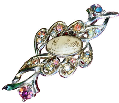 Vintage Jewellery- Flower & Rhinestone Mother Brooch In Silver Tone ...