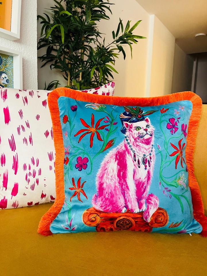 Pink Cat Pattern Throw Pillow Cover - Blue Velvet Pillow Case - Animal ...