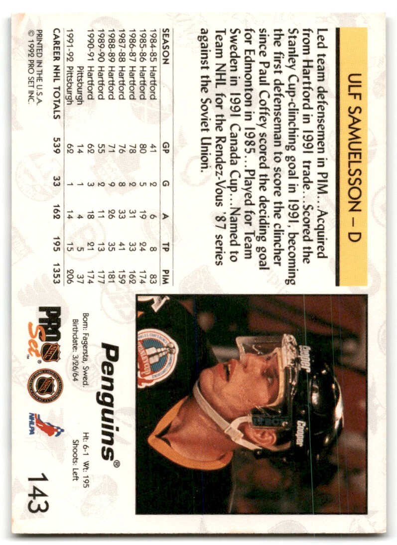 1992-93 Pro Set Hockey Card Ulf Samuelsson Pittsburgh Penguins #143 | eBay