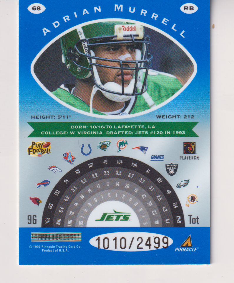 Adrian Murrell 1997 Totally Certified Football Blue Card # 68 $1 ...
