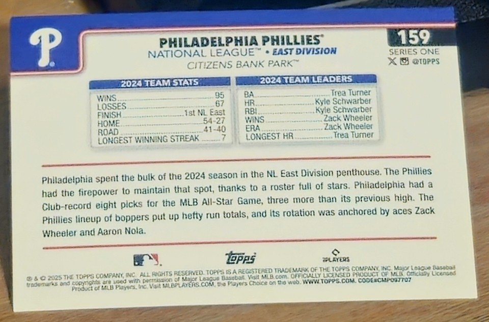 2025 Topps #159 Philadelphia Phillies Team Logo Color Border Variation ...