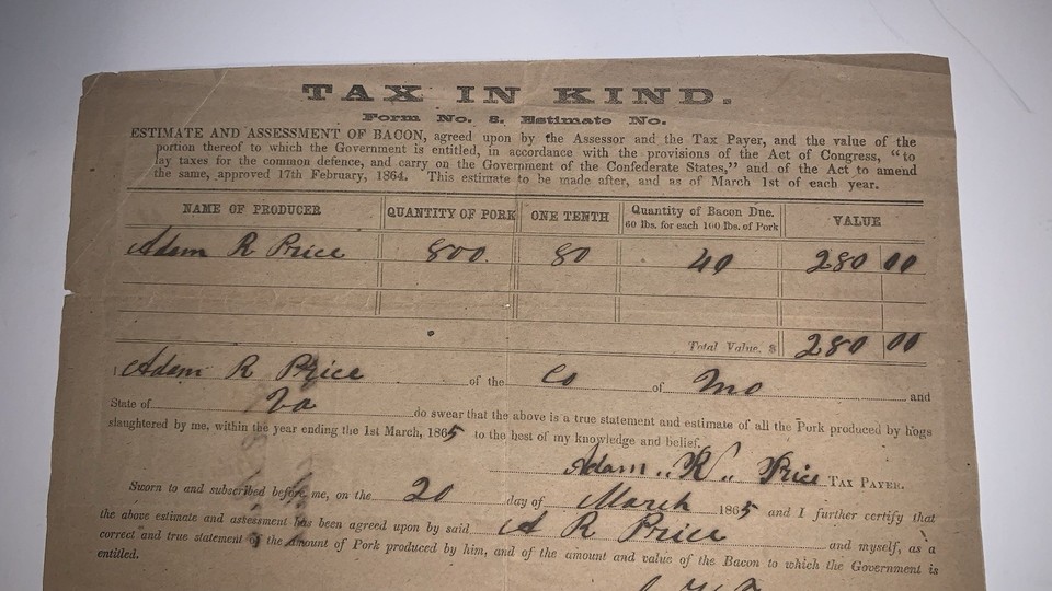 Civil War 1865 Confederate “Tax In Kind” Form Document. For Tax On Pork ...