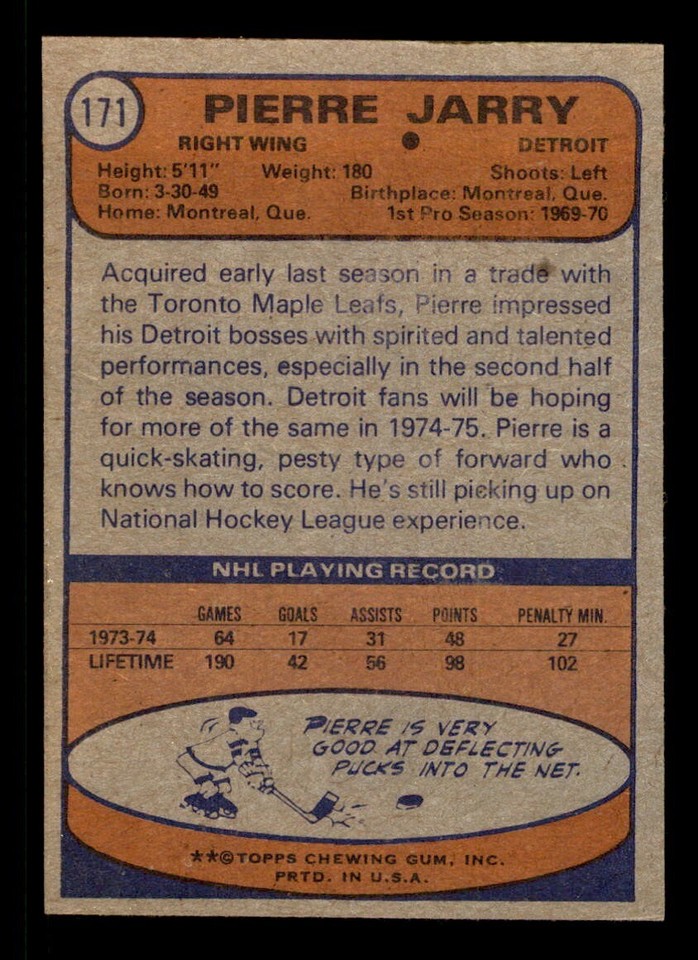 1974 Topps Hockey #171 Pierre Jarry EX *d3 | eBay