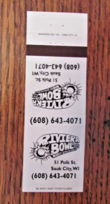 RIVIERA BOWL BOWLING MATCHBOOK COVER: SAUK CITY, WISCONSIN EMPTY ...