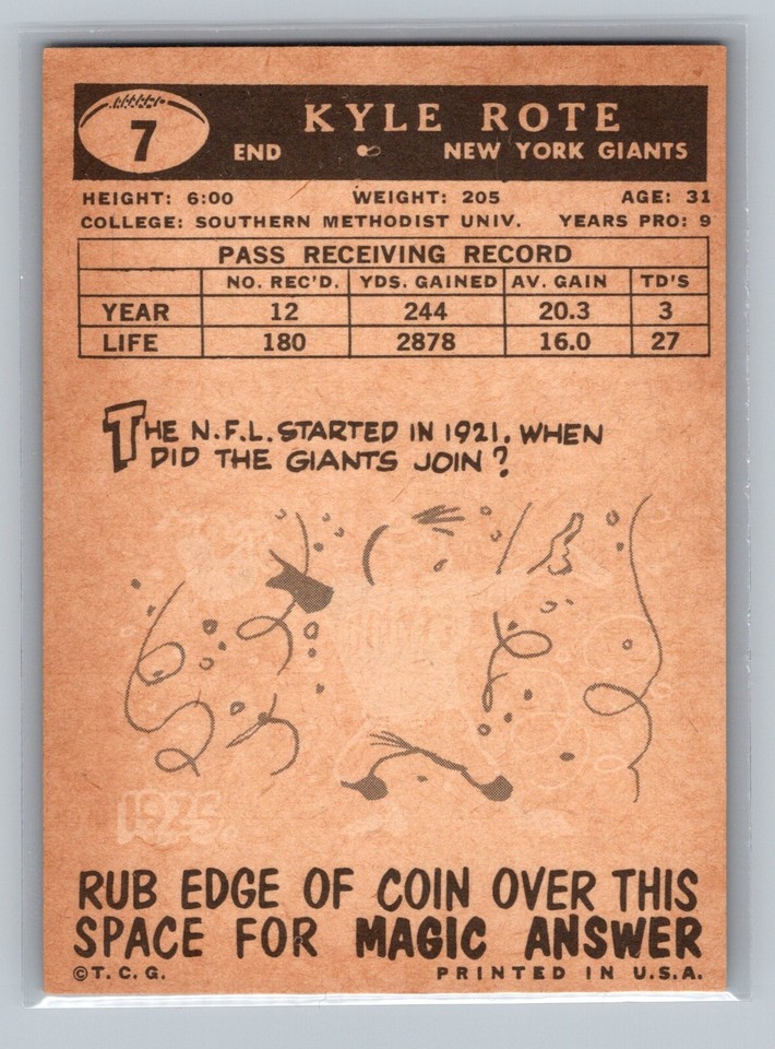 1959 Topps Kyle Rote #7 - New York Giants - NEAR MINT to MINT | eBay