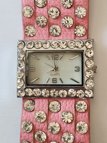 Wide Rhinestone Watch Pink Faux Leather Rhinestone Snap Band WORKING ...