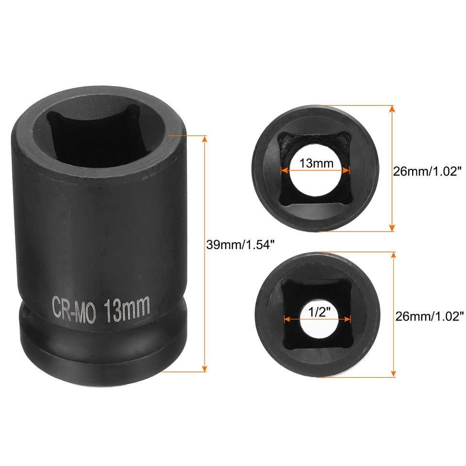 4 Point Square Socket 1/2" Drive 13mm Metric CR-MO Square Impact Wheel ...
