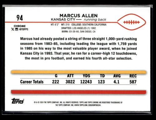 2024 Topps Chrome #94 Marcus Allen Negative Refractor card Chiefs | eBay