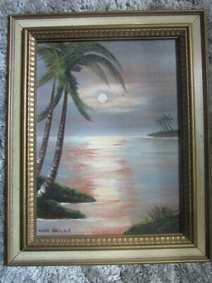 LOCKE WALLACE Original Framed Painting Moon over water with Palm Trees ...