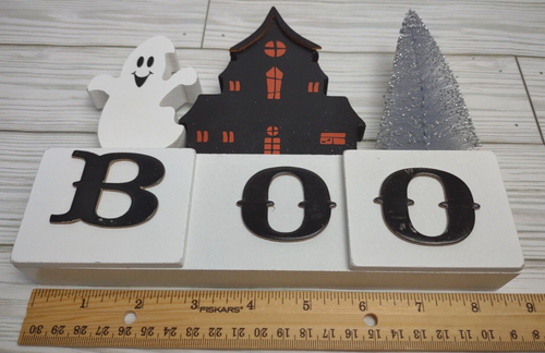 Ghost Boo Halloween Village Decor Wood Haunted House Tinsel Tree ...