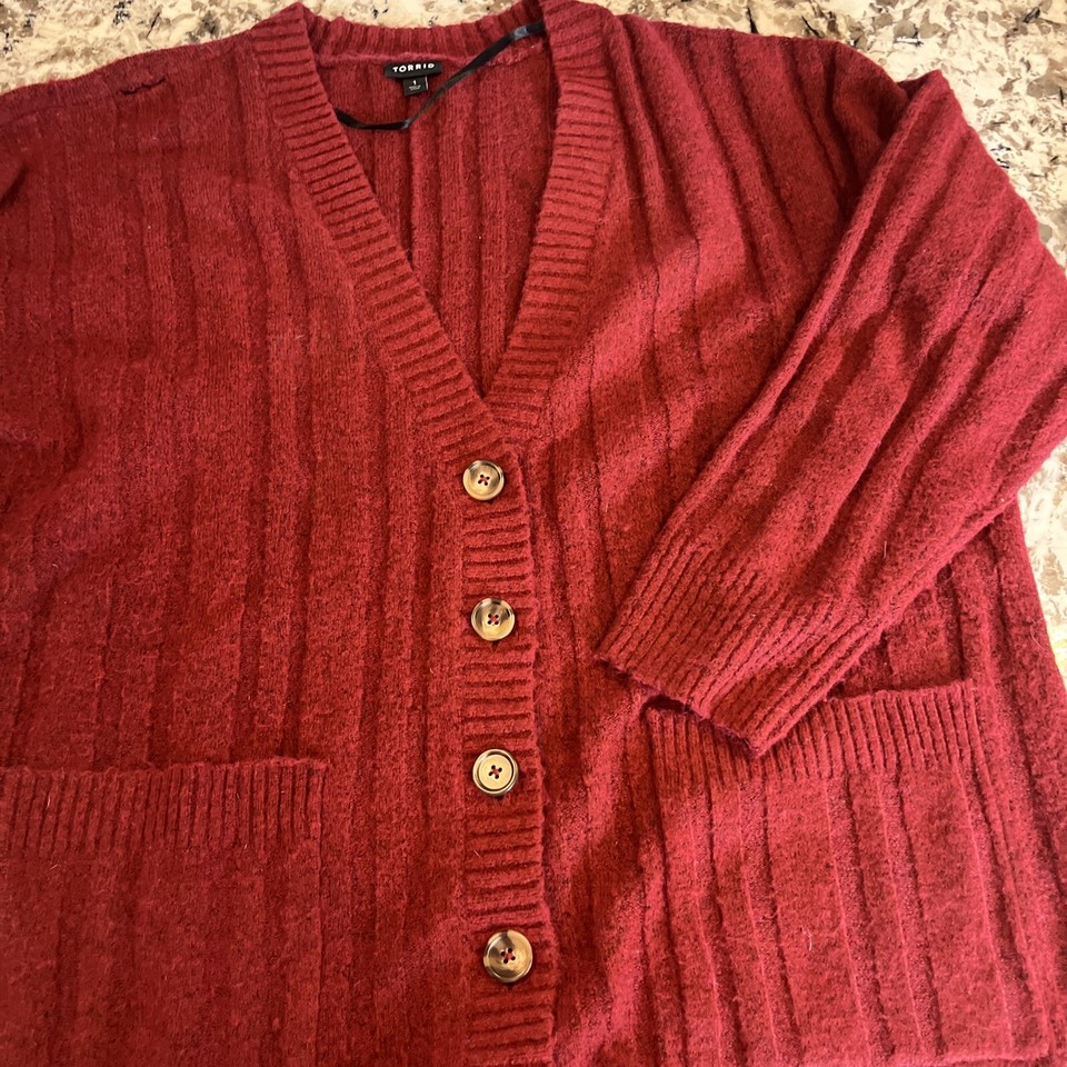 Torrid Cardigan Sweater 1X Red Duster Button Up Long Pocket Vegan ...