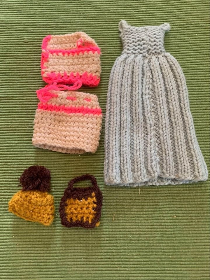 Vintage Hand Crocheted Barbie Clothes Set Mini Dress Tops Beanie Bag ...