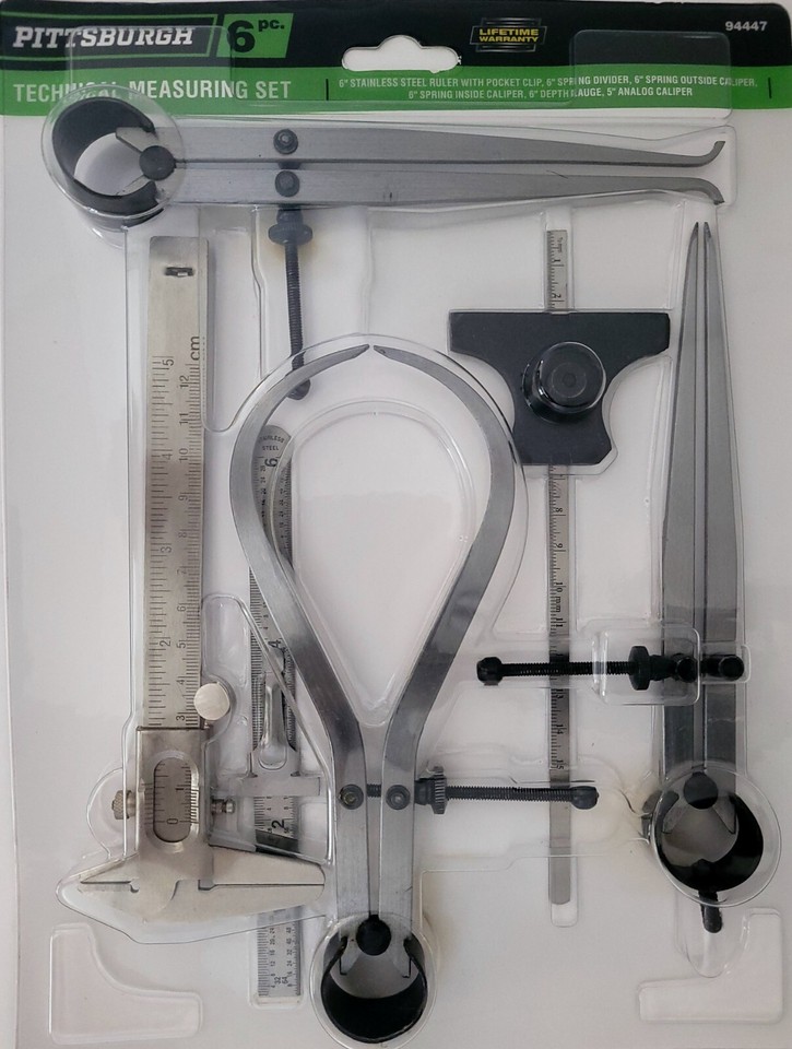 TECHNICAL MEASURING SET STEEL Ruler, Divider, Calipers Depth Gauge, 6 Pieces | eBay