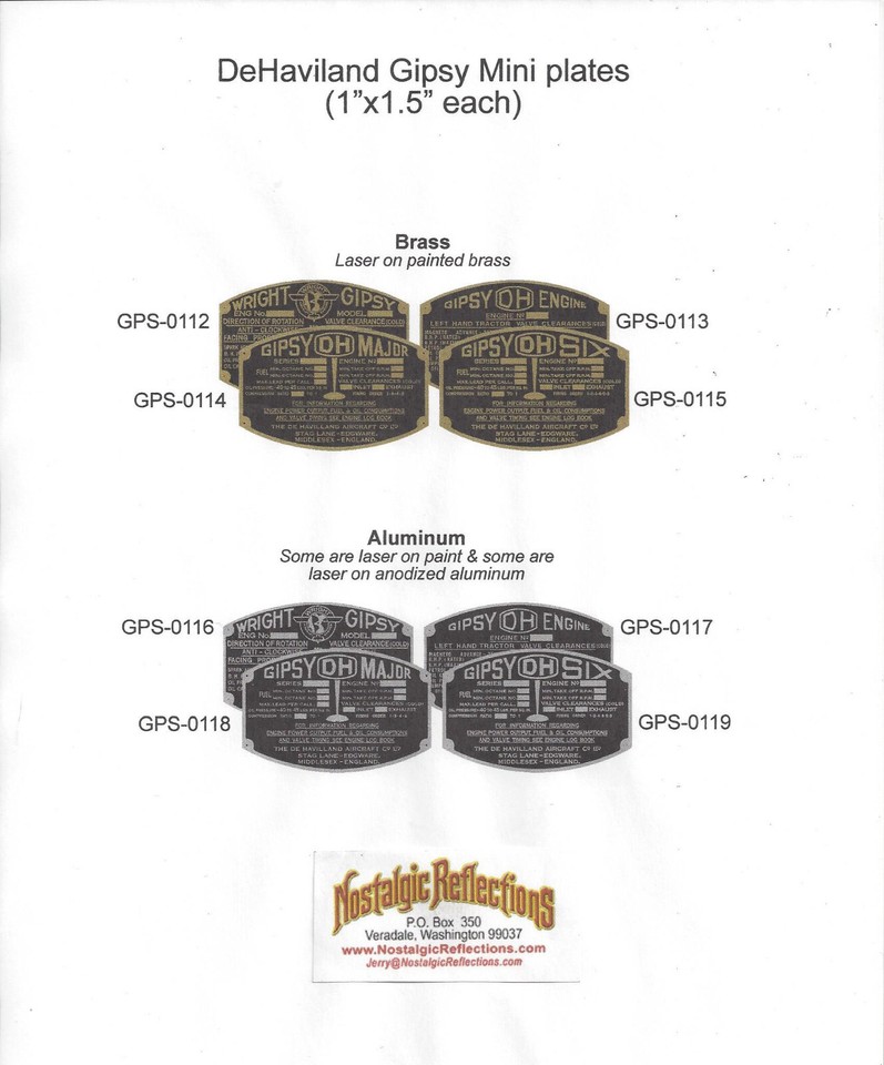 Gipsy Aircraft Engine Data Plates QUARTER SCALE - CHOICE | eBay
