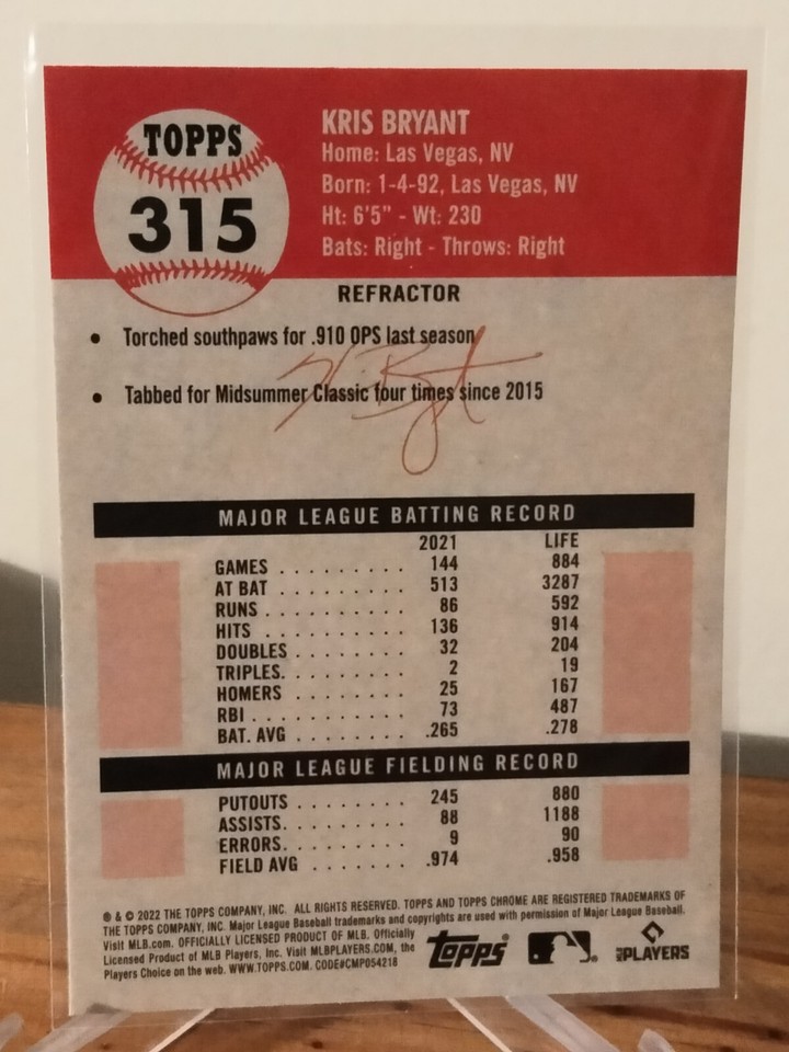 KRIS BRYANT 2022 Topps Chrome Platinum Baseball Refractor #315 Colorado ...