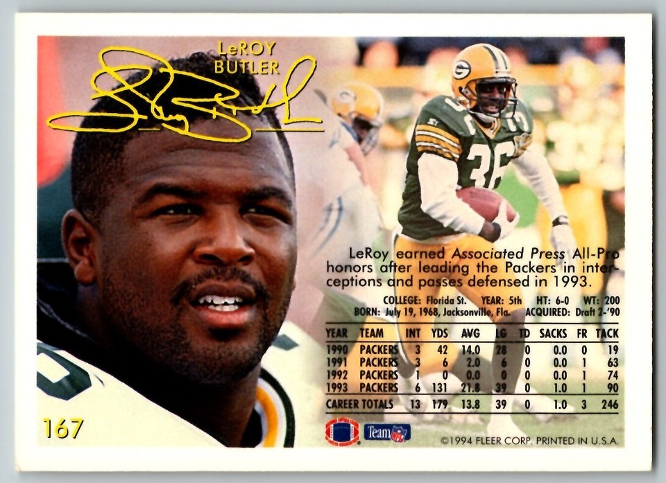 1994 FLEER LEROY BUTLER GREEN BAY PACKERS #167 | eBay