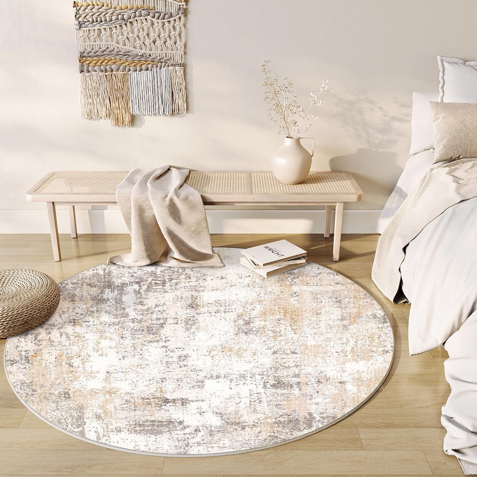 8x8 Washable Round Rug Beige Grey Abstract Living Room Bedroom Area Rug ...