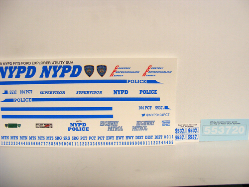 NYPD Patrol Unit 1/18 Water Slide Decals Fits Motormax Police White SUV ...