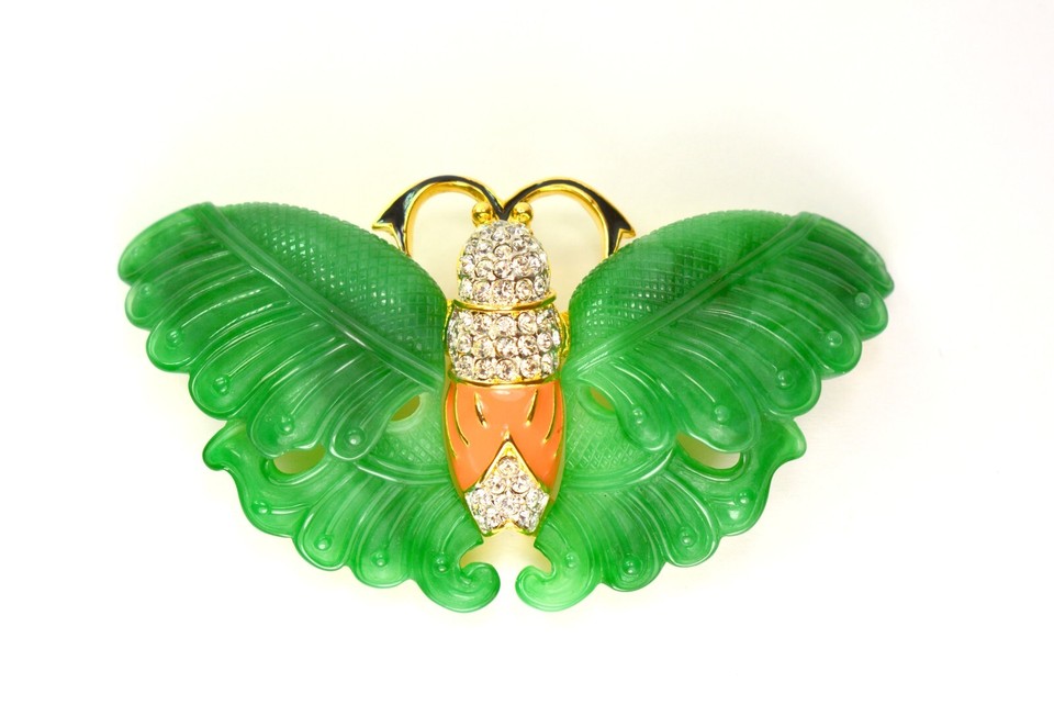 Kenneth Jay Lane KJL Jewelry Brooch Pin Butterfly Moth Faux Carved Jade ...