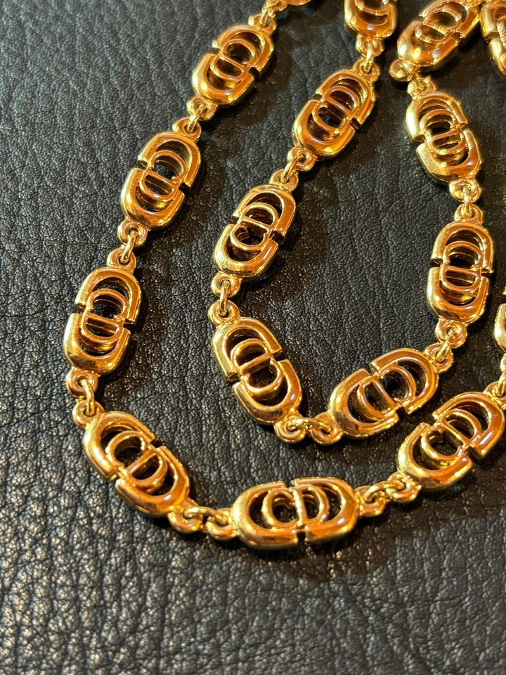 CHRISTIAN DIOR Long Necklace Long Chain AUTH CD LOGO Vintage Gold 15 ...