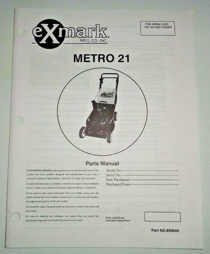 *EXmark Metro 21 Walk Behind Lawn Mower Parts Manual Catalog s/n ...