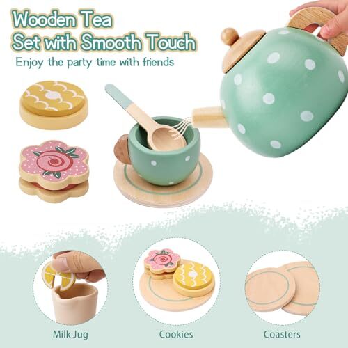 Wooden Tea Party Set for Little Girls 15PCS Toddler Pretend Play Tea ...