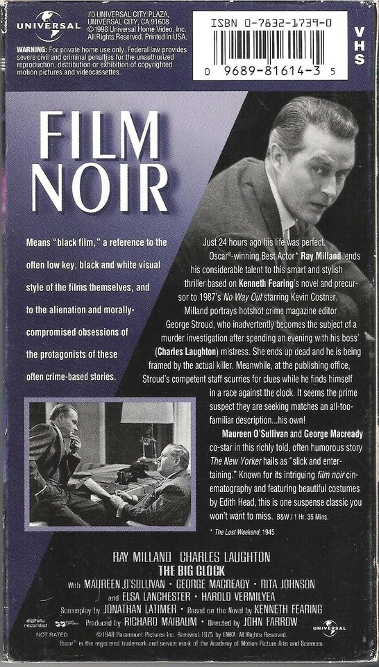 The Big Clock (VHS) 1948 Ray Milland Charles Laughton FilmNoir Suspense ...