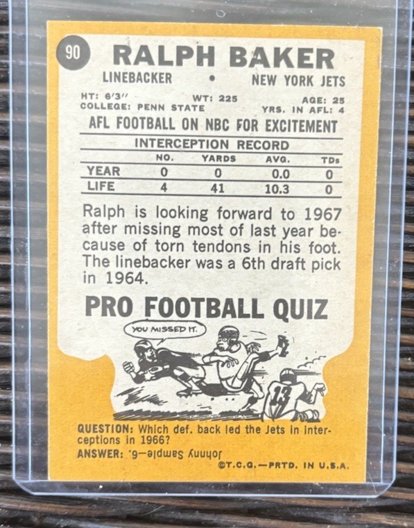 1967 Topps Ralph Baker card #90 NY Jets High Grade | eBay