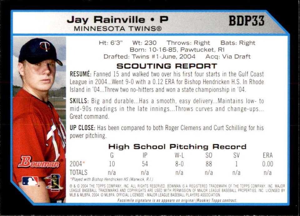 2004 Bowman Draft Picks & Prospects #BDP33 Jay Rainville Minnesota ...